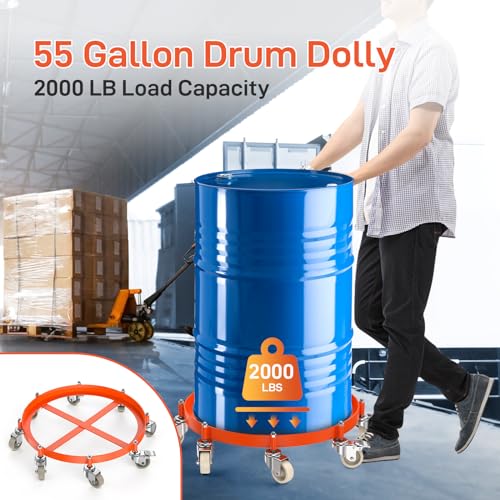 NeapNuuk Heavy-Duty 55 Gallon Drum Dolly with 2000 LBS Capacity, 8 Caster Wheels for Smooth Mobility, Non-Tipping Trash Can Dolly with Orange Steel Frame