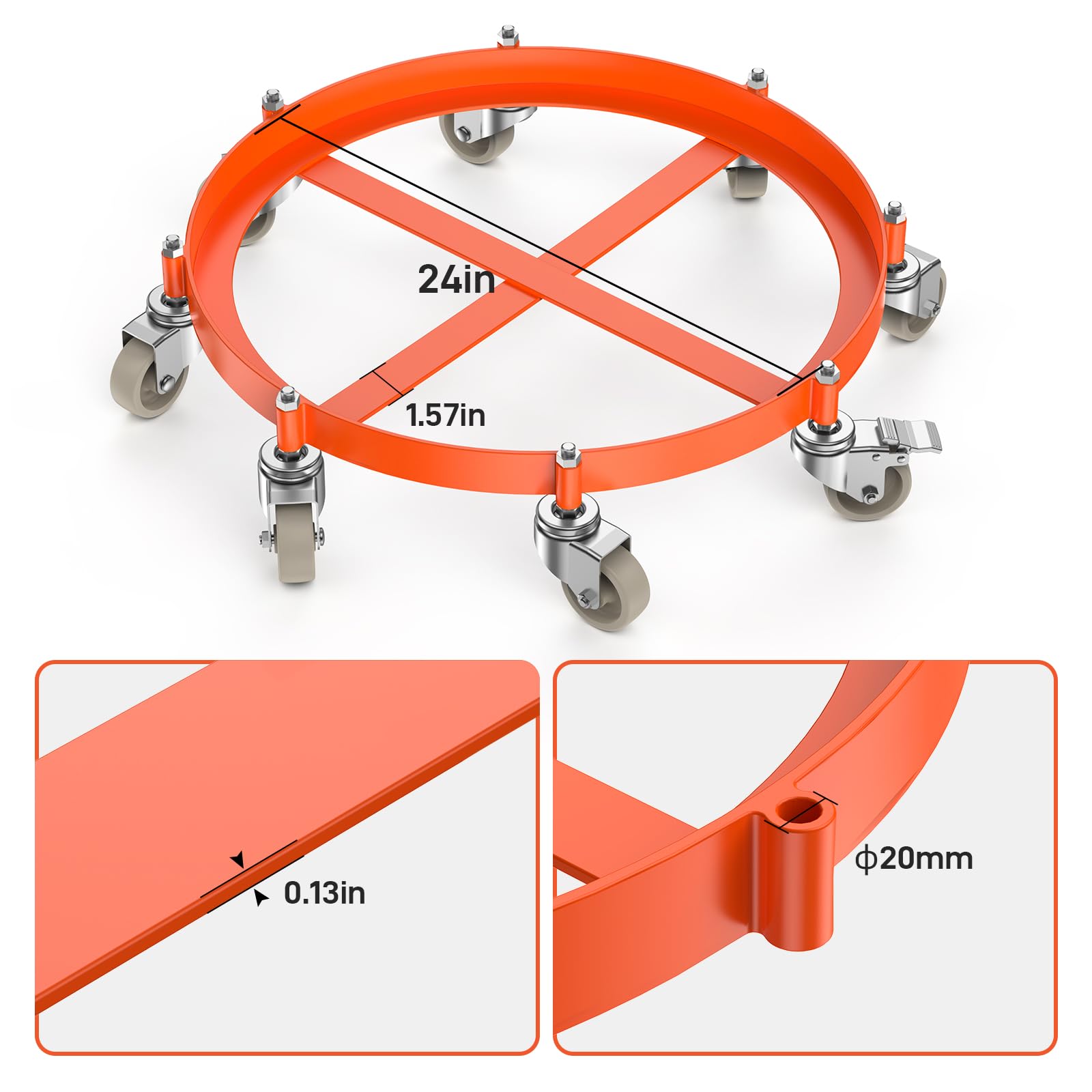 DEXSO 55 Gallon Drum Dolly, 2000 LBS Capacity Heavy Duty Drum Dolly with 8 Caster Wheels, Trash Can Dolly Non-tipping Hand, Orange Steel Frame Barrel Dolly