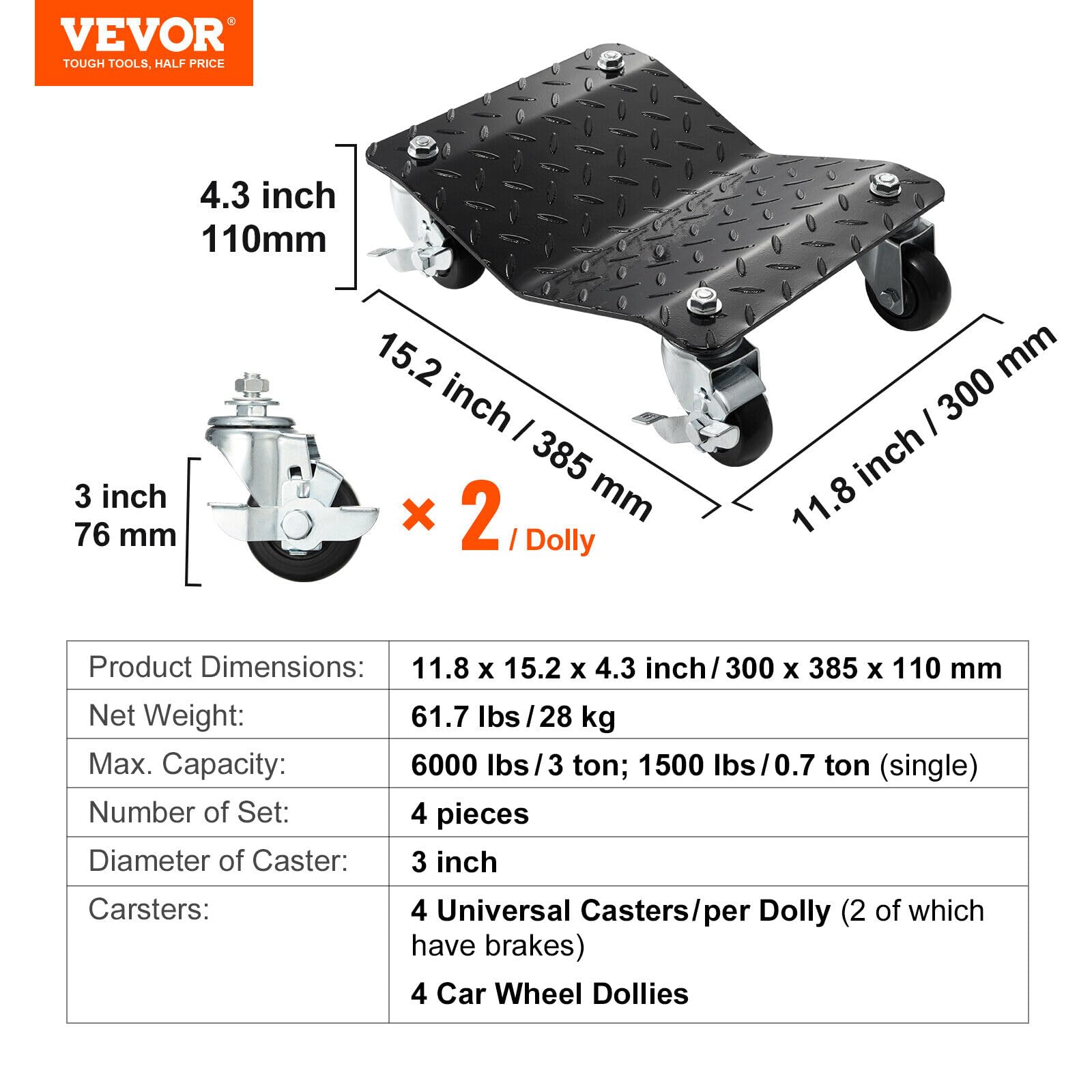 AFMZBIS Wheel Dolly, 6000 lbs Car Moving Dollies, Car Dolly Set of 2 Piece, Heavy-Duty Car Tire Dolly Cart Moving Cars, Trucks, Trailers, Motorcycles, and Boats