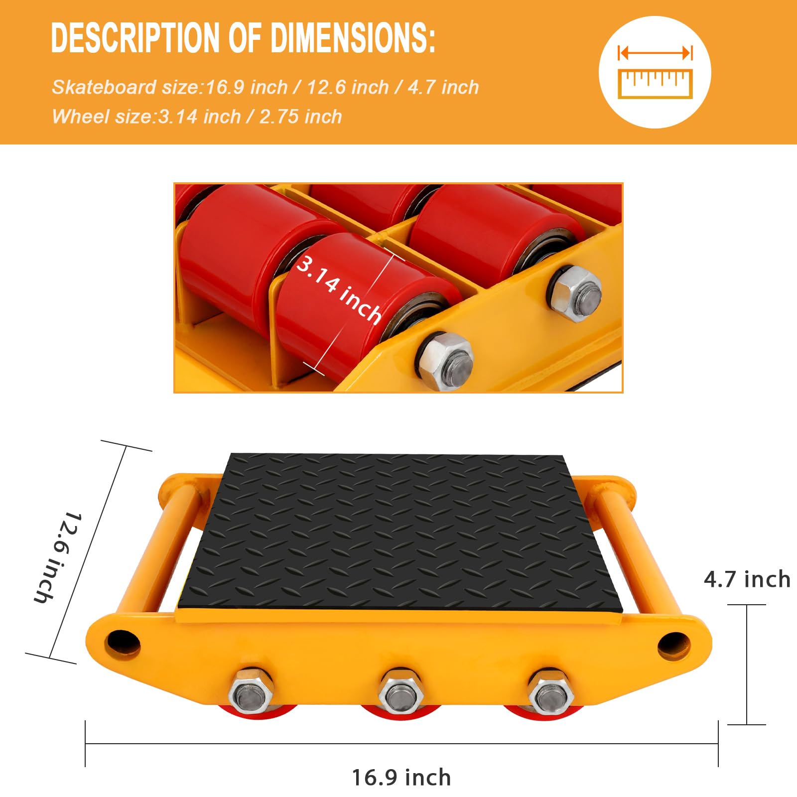 FAHKNS Machine Skates 33000 LBS, Non Slip Disc Machinery Moving Skate with 9 PU Rollers, Heavy Duty Industrial Machinery Mover Skate for Warehouse, Workshop Moving Equipment, Yellow