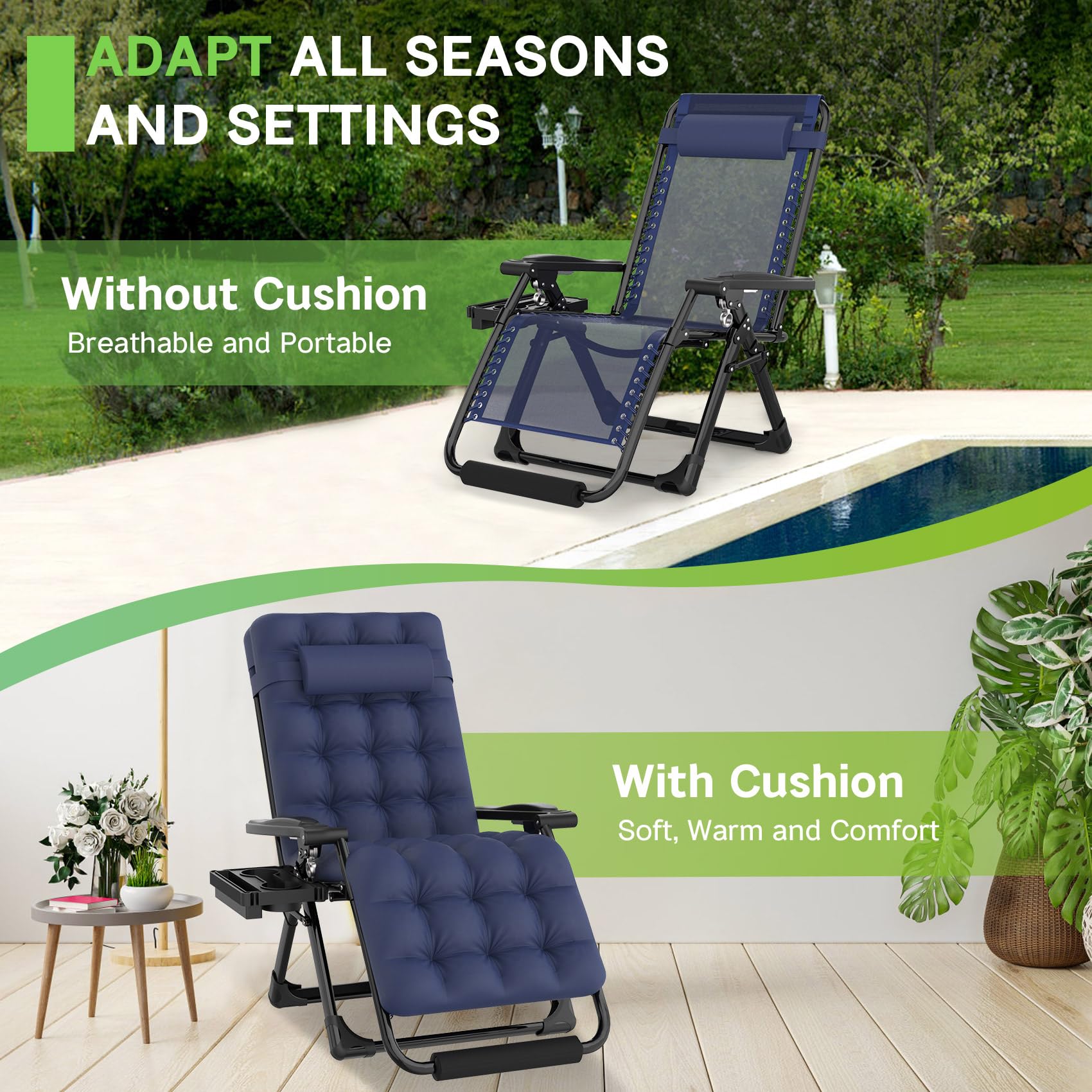 ZENPETIO 29In XL Zero Gravity Chair w/Cushion, Zero Gravity Recliner Lounge Chair for Indoor and Outdoor, Reclining Camping Chair for Lawn, Anti Gravity Chair with Cup Holder and Footrest, 440LBS