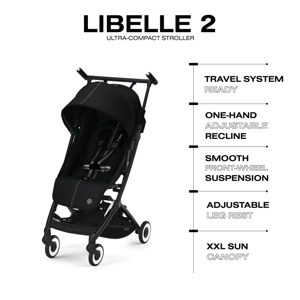 CYBEX Libelle 2 Ultra Compact and Lightweight Baby Pockit Travel Stroller with UPF 50+ Sun Canopy for Babies and Toddlers - Carry-On Luggage Compliant - Compatible with CYBEX Car Seats,Moon Black