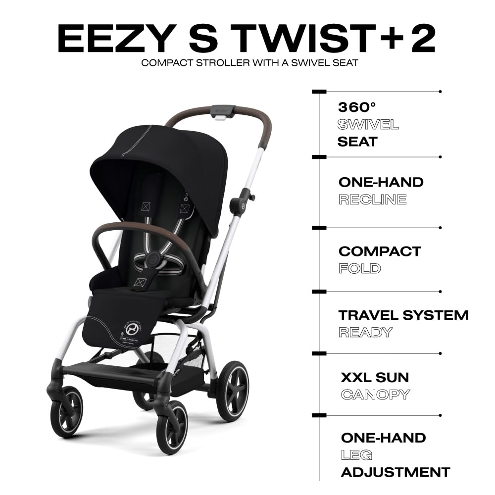 CYBEX Eezy S Twist +2 V2 Baby Stroller with 360° Rotating Seat for Infants 6 Months and Up - Compatible with CYBEX Car Seats, Moon Black