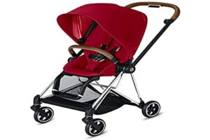 cybex mios 2 complete stroller, one-hand compact fold, reversible seat, smooth ride all-wheel suspension, extra storage, adjustable leg rest, true red seat with chrome/brown frame