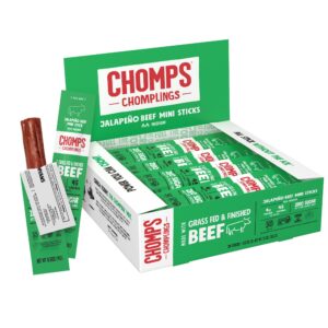 chomps snack size grass-fed and finished jalapeño beef jerky snack sticks 0.5oz 24-pack - keto, paleo, whole30, 4g lean meat protein, gluten-free, zero sugar food, non-gmo chomplings