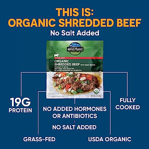 Wild Planet USDA Organic Shredded Beef with Beef Broth, No Salt Added, 3 oz Pouch (Pack of 1)