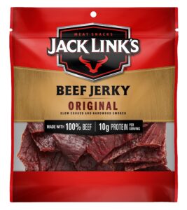 jack link's beef jerky, original flavor, 2.6 oz - flavorful meat snack, 10g of protein and 80 calories, made with 100% beef - no added msg or nitrates/nitrites