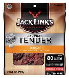 jack link’s extra tender beef jerky steak strips, teriyaki, 2.85 oz – flavorful meat snack, 9g of protein and 80 calories, made with premium beef - gluten free and no added msg or nitrates/nitrites