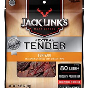 Jack Link’s Extra Tender Beef Jerky Steak Strips, Teriyaki, 2.85 oz – Flavorful Meat Snack, 9g of Protein and 80 Calories, Made with Premium Beef - Gluten Free and No Added MSG or Nitrates/Nitrites