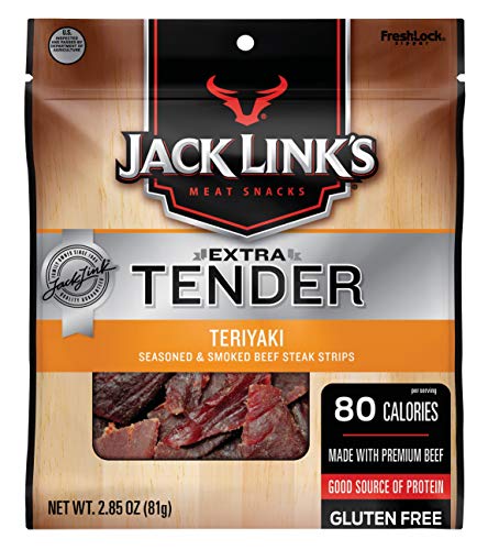 Jack Link’s Extra Tender Beef Jerky Steak Strips, Teriyaki, 2.85 oz – Flavorful Meat Snack, 9g of Protein and 80 Calories, Made with Premium Beef - Gluten Free and No Added MSG or Nitrates/Nitrites