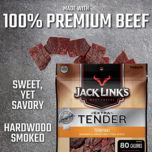 Jack Link’s Extra Tender Beef Jerky Steak Strips, Teriyaki, 2.85 oz – Flavorful Meat Snack, 9g of Protein and 80 Calories, Made with Premium Beef - Gluten Free and No Added MSG or Nitrates/Nitrites