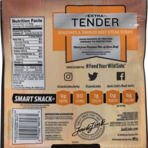 Jack Link’s Extra Tender Beef Jerky Steak Strips, Teriyaki, 2.85 oz – Flavorful Meat Snack, 9g of Protein and 80 Calories, Made with Premium Beef - Gluten Free and No Added MSG or Nitrates/Nitrites