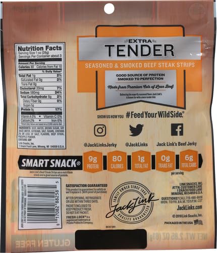 Jack Link’s Extra Tender Beef Jerky Steak Strips, Teriyaki, 2.85 oz – Flavorful Meat Snack, 9g of Protein and 80 Calories, Made with Premium Beef - Gluten Free and No Added MSG or Nitrates/Nitrites