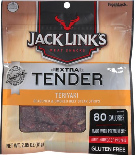 Jack Link’s Extra Tender Beef Jerky Steak Strips, Teriyaki, 2.85 oz – Flavorful Meat Snack, 9g of Protein and 80 Calories, Made with Premium Beef - Gluten Free and No Added MSG or Nitrates/Nitrites