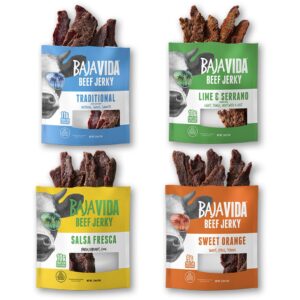 baja beef jerky snack pack - jerky variety pack, beef jerky gifts for men, beef jerky sampler, craft jerky, beef jerky assortment, gluten free jerky, high protein jerky - 2.5 oz bags (pack of 4)