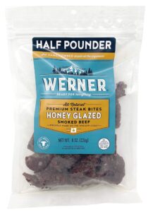 werner premium steak bites all-natural half pounder bag – 8 ounce resealable bag of premium steak jerky bites smoked beef snack (honey glazed)