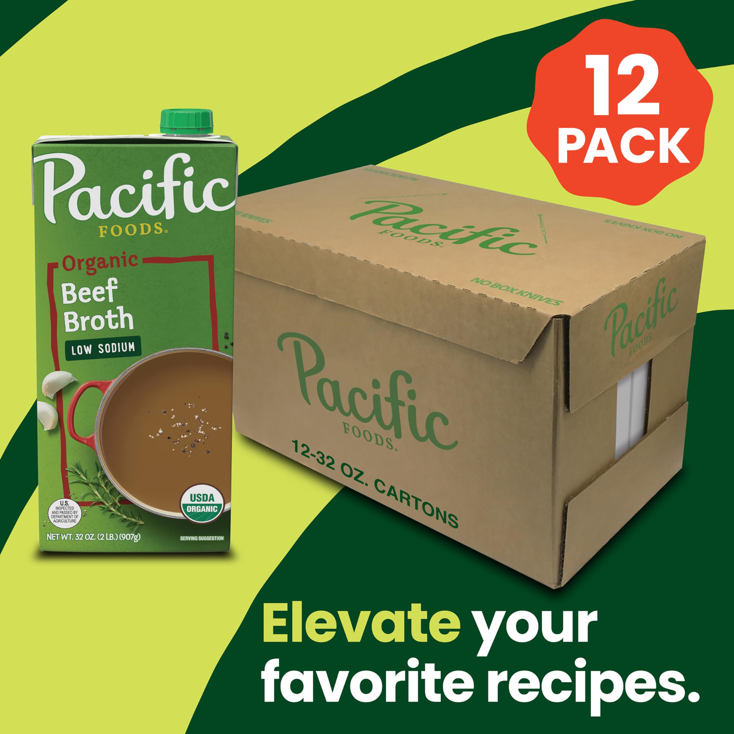 Pacific Foods Low Sodium Organic Beef Broth, 32 oz Carton (12 Pack)