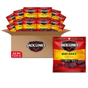 jack link's beef jerky, teriyaki, multipack bags - flavorful meat snack for lunches, ready to eat - 7g of protein, made with premium beef, no added msg - 0.625 oz (pack of 20)