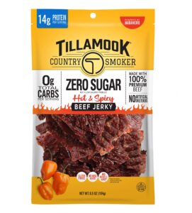 tillamook country smoker keto friendly zero sugar beef jerky, hot & spicy, 6.5 ounce