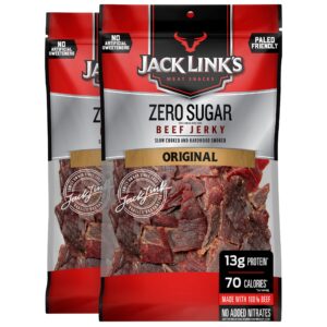 jack link's beef jerky, zero sugar, paleo friendly snack with no artificial sweeteners, 13g of protein and 70 calories per serving, no sugar everyday snack, 7.3 oz (pack of 2)