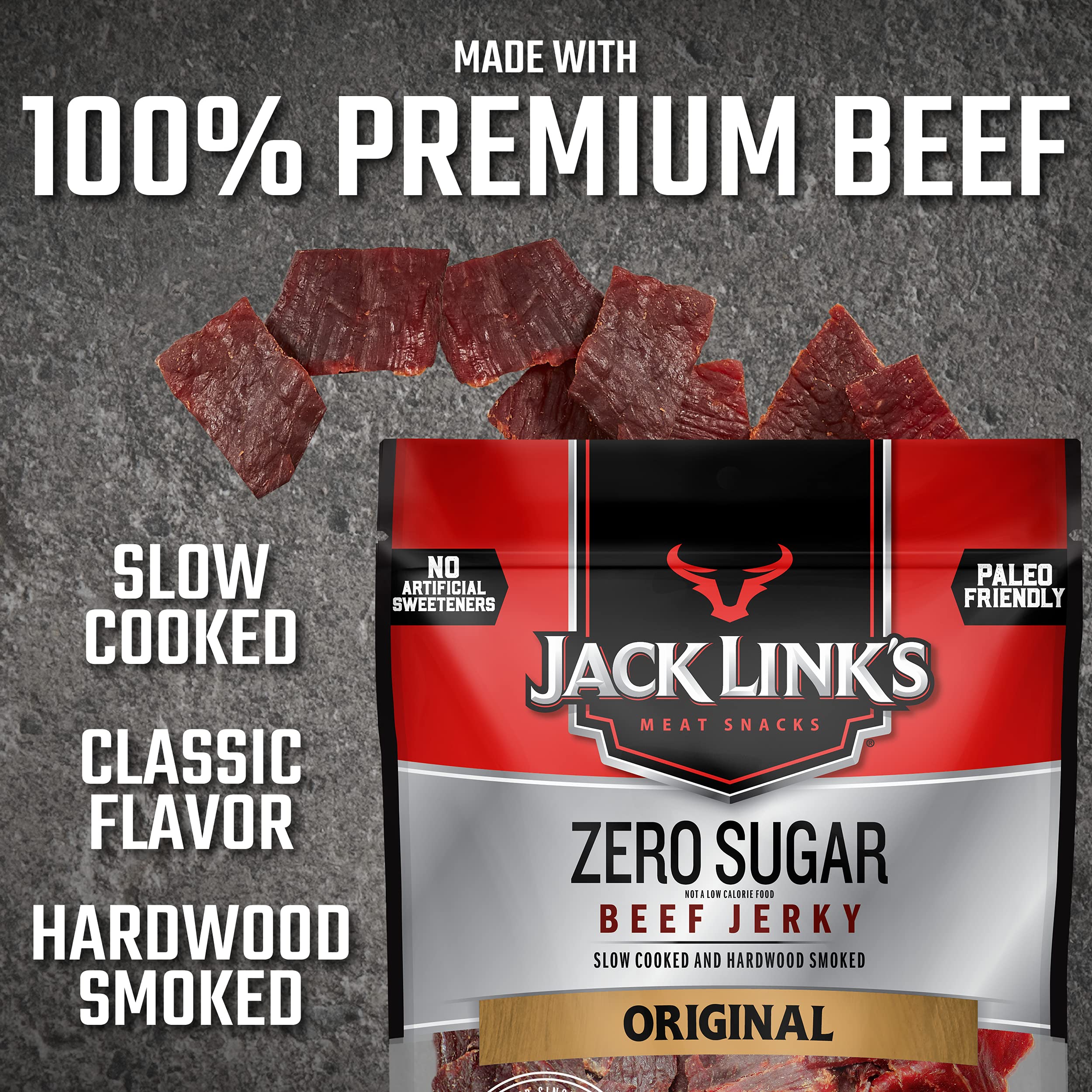 Jack Link's Beef Jerky, Zero Sugar, Paleo Friendly Snack with No Artificial Sweeteners, 13g of Protein and 70 Calories Per Serving, No Sugar Everyday Snack, 7.3 oz (Pack of 2)