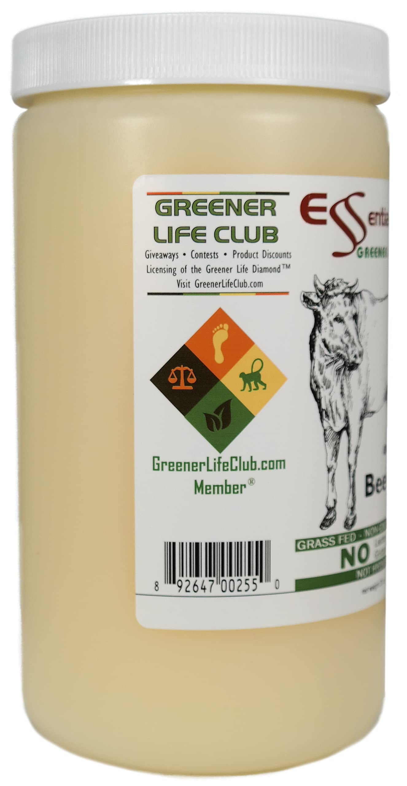 Beef Tallow - 1 Quart (32 oz nt wt) - Grass Feed - Non-GMO - Keto Friendly - Food Grade - FREE from LACTOSE-GLUTEN-GLUTAMATE-BSE - safety sealed HDPE container with resealable cap