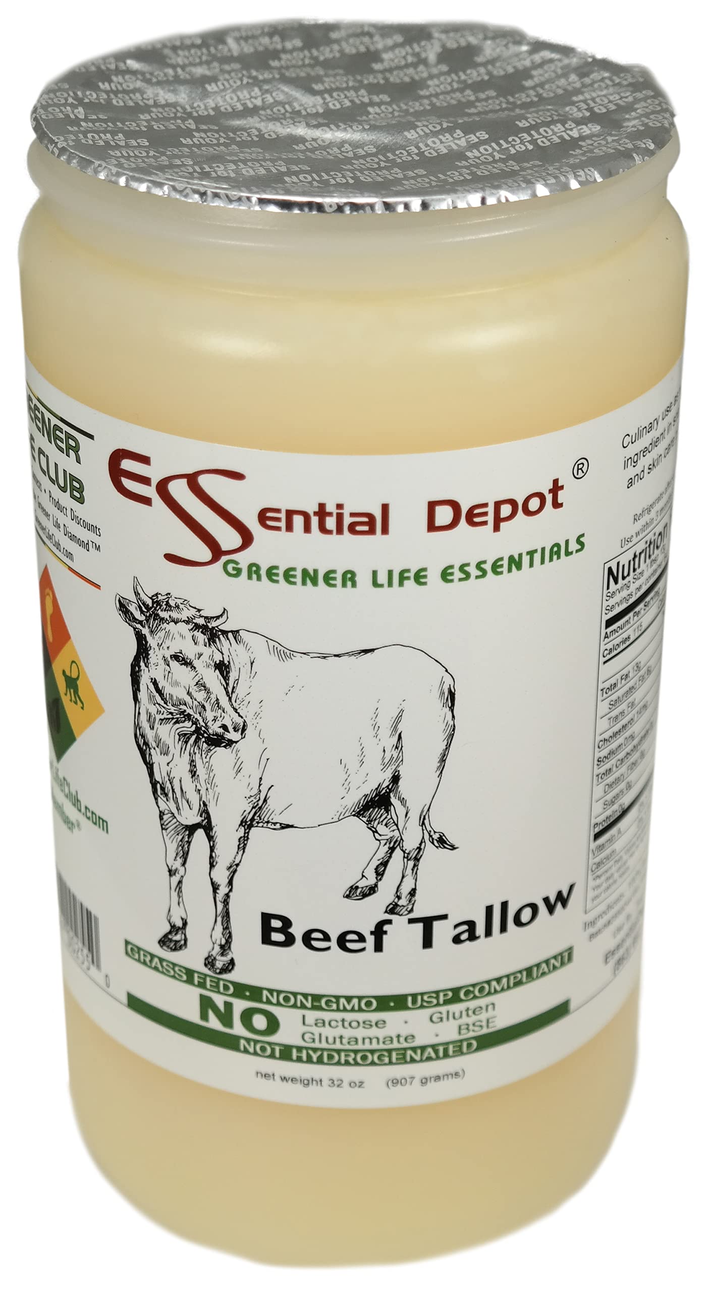 Beef Tallow - 1 Quart (32 oz nt wt) - Grass Feed - Non-GMO - Keto Friendly - Food Grade - FREE from LACTOSE-GLUTEN-GLUTAMATE-BSE - safety sealed HDPE container with resealable cap