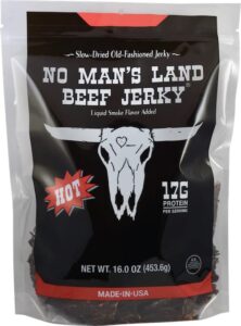 no man’s land hot beef jerky high protein low calorie low carb beef snack 16oz bag