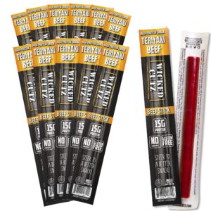 teriyaki beef sticks | tender, flavorful, extra large beef jerky sticks with 15g of protein per meat stick, gluten free, high protein, low carb, healthy snacks for adults (12 sticks)