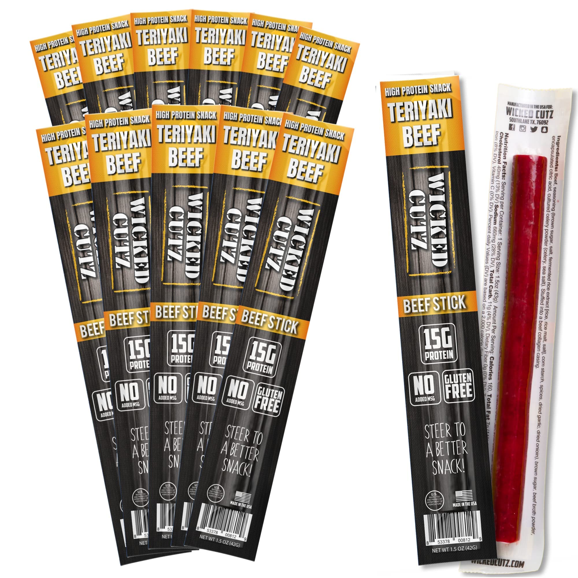 Teriyaki Beef Sticks | Tender, Flavorful, Extra Large Beef Jerky Sticks with 15g of Protein Per Meat Stick, Gluten Free, High Protein, Low Carb, Healthy Snacks for Adults (12 Sticks)