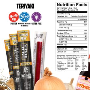 Teriyaki Beef Sticks | Tender, Flavorful, Extra Large Beef Jerky Sticks with 15g of Protein Per Meat Stick, Gluten Free, High Protein, Low Carb, Healthy Snacks for Adults (12 Sticks)