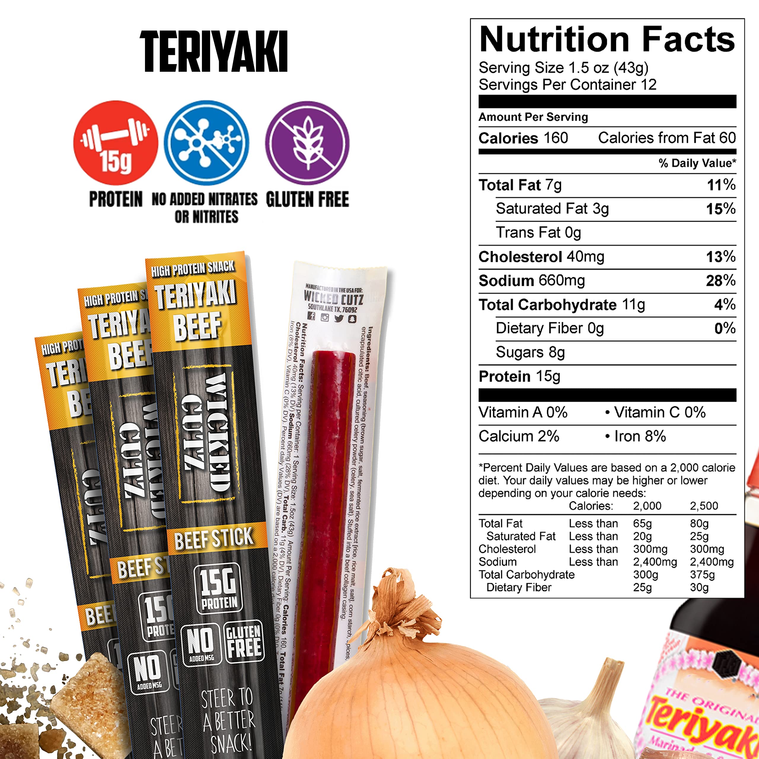 Teriyaki Beef Sticks | Tender, Flavorful, Extra Large Beef Jerky Sticks with 15g of Protein Per Meat Stick, Gluten Free, High Protein, Low Carb, Healthy Snacks for Adults (12 Sticks)