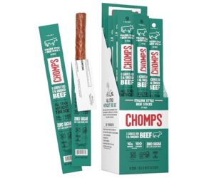 chomps grass fed italian style beef jerky snack sticks, keto, whole30, paleo, gluten free, sugar free, low carb, aip diet compliant, 100 calories,1.15 oz, pack of 24