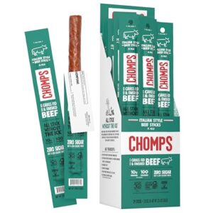 CHOMPS Grass Fed Italian Style Beef Jerky Snack Sticks, Keto, Whole30, Paleo, Gluten Free, Sugar Free, Low Carb, AIP Diet Compliant, 100 Calories,1.15 Oz, Pack of 24