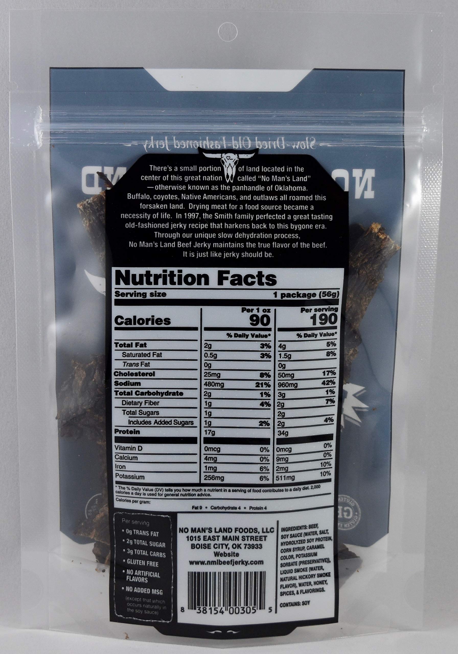 No Man’s Land MILD Beef Jerky High Protein Low Calorie Low Carb Beef Snack 2.0oz Bag