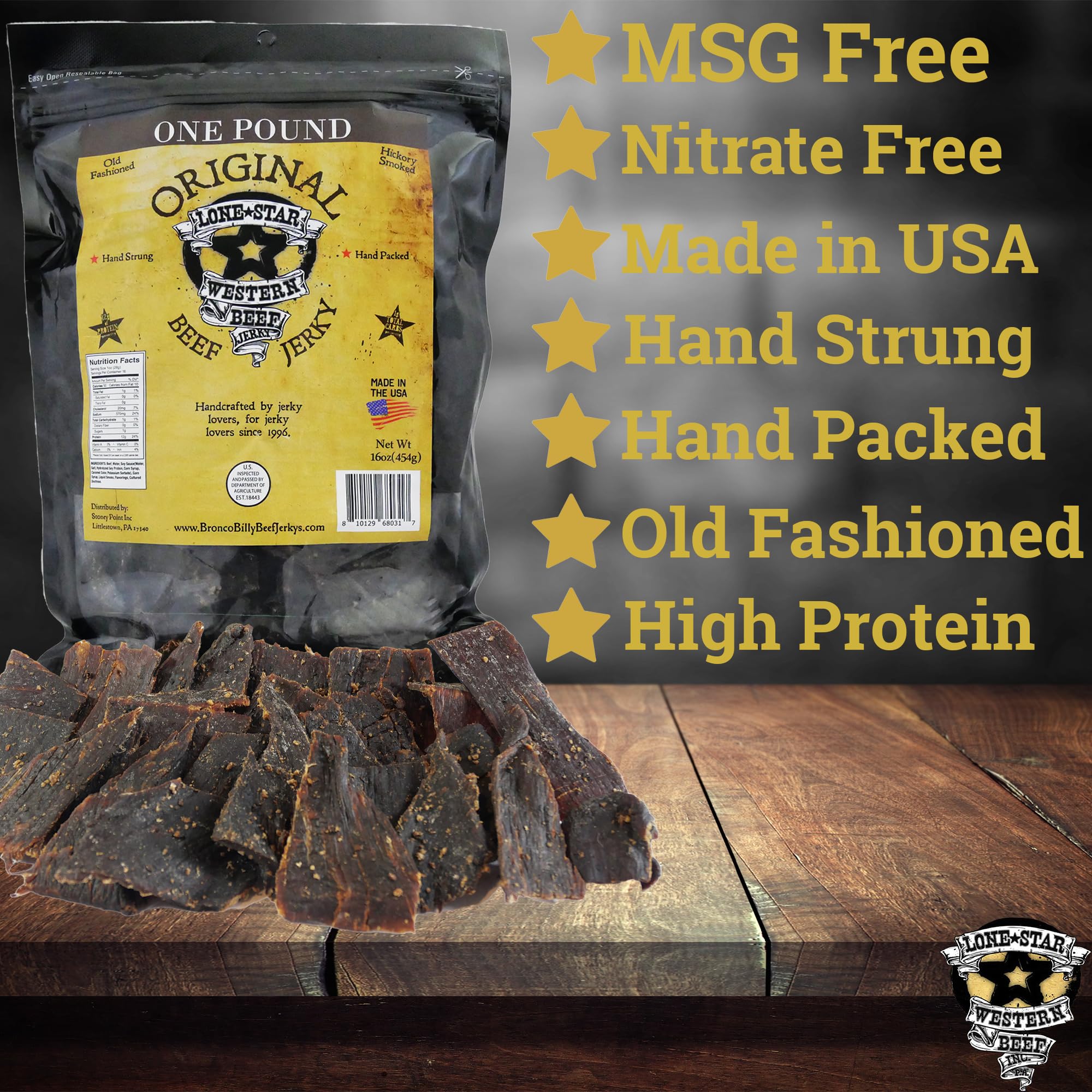 Lone Star Original Flavored Beef Jerky - 1 Pound Resealable Bag - Hickory Smoked Handcrafted Flavor - High Protein Healthy Meat Snack