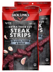 jack link's steak strips, beef jerky, cracked pepper & garlic, snack bags, thick cut protein snacks, ready to eat - 11g of protein, 80 calories per serving, made with premium beef, 8 oz (pack of 2)