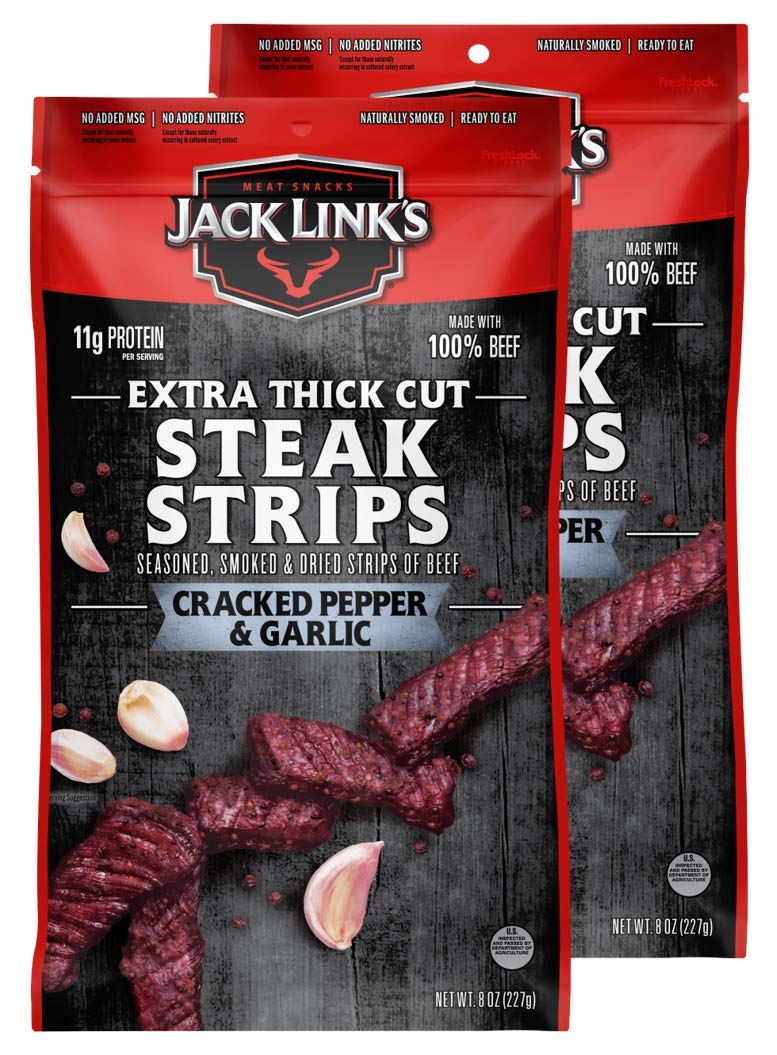 Jack Link's Steak Strips, Beef Jerky, Cracked Pepper & Garlic, Snack Bags, Thick Cut Protein Snacks, Ready To Eat - 11g of Protein, 80 Calories per Serving, Made with Premium Beef, 8 Oz (Pack Of 2)