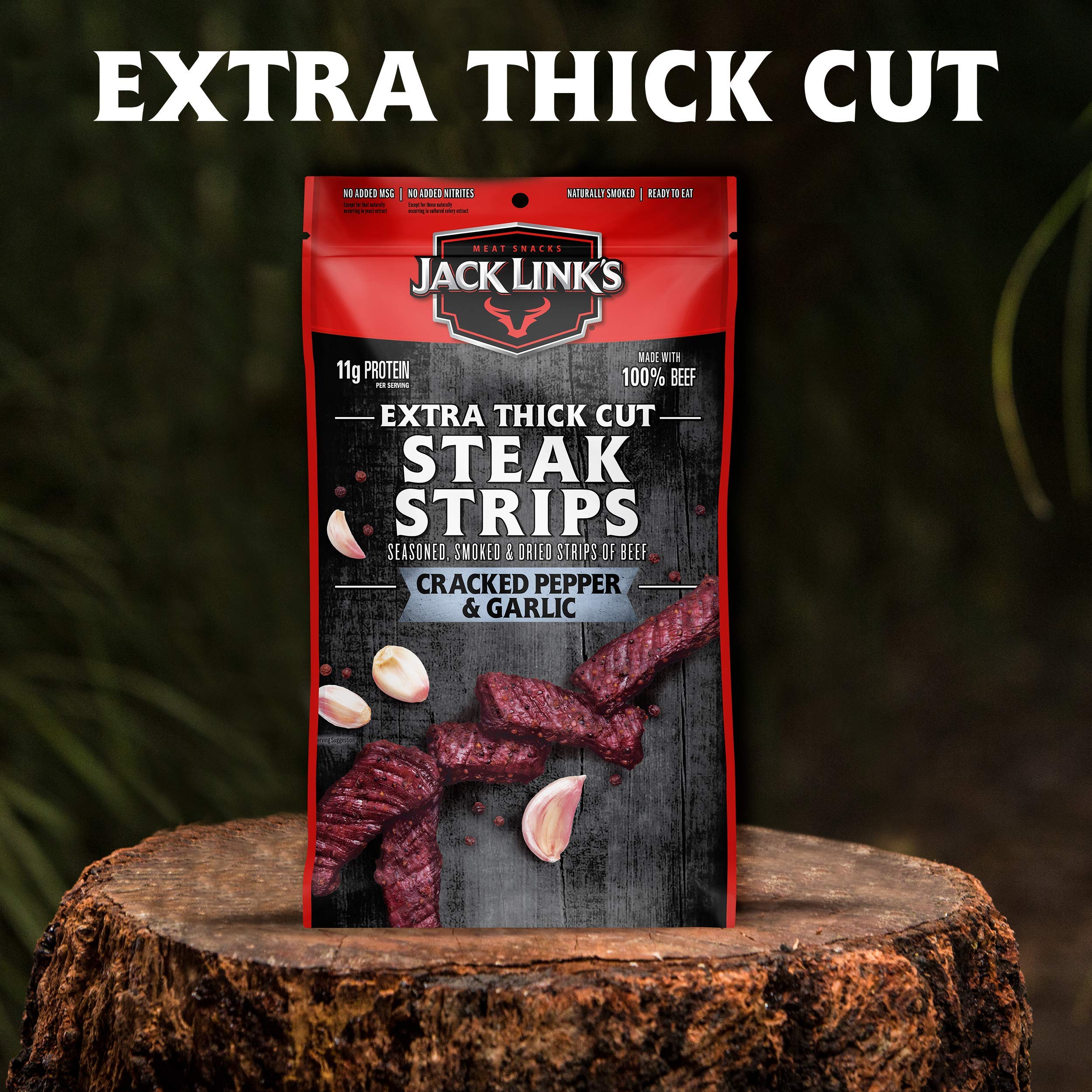 Jack Link's Steak Strips, Beef Jerky, Cracked Pepper & Garlic, Snack Bags, Thick Cut Protein Snacks, Ready To Eat - 11g of Protein, 80 Calories per Serving, Made with Premium Beef, 8 Oz (Pack Of 2)