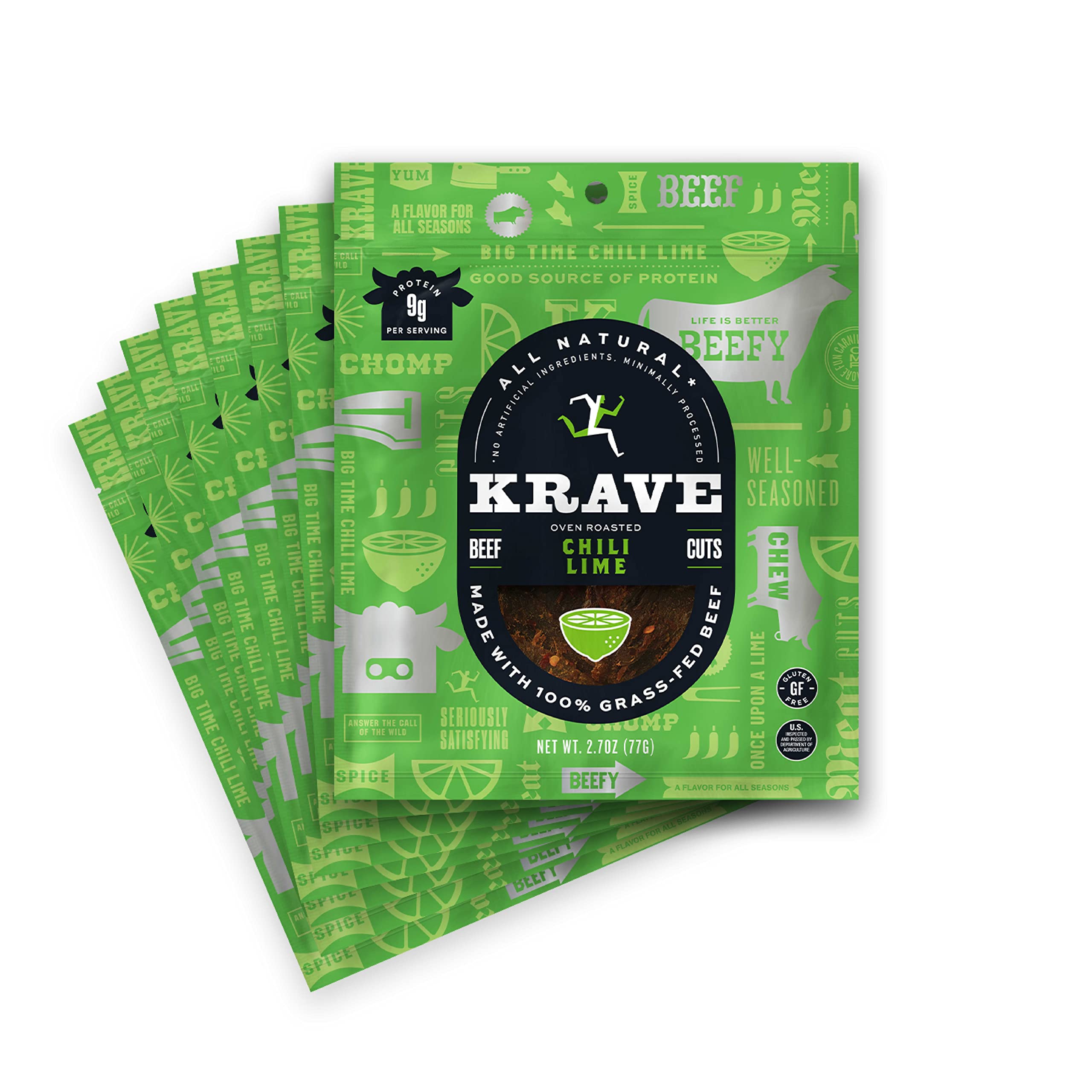 KRAVE All Natural Beef Jerky, Chili Lime - Protein Packed Snacks Roasted for Maximum Flavor - 100% Grass Fed Beef - Gluten Free - 2.7 Ounce (Pack of 8)