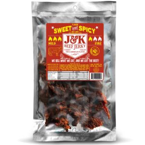 j&k jerky sweet and spicy beef jerky - hand crafted small batch american made slab beef jerky - bold & flavorful snack! - 7oz big bag of jerky