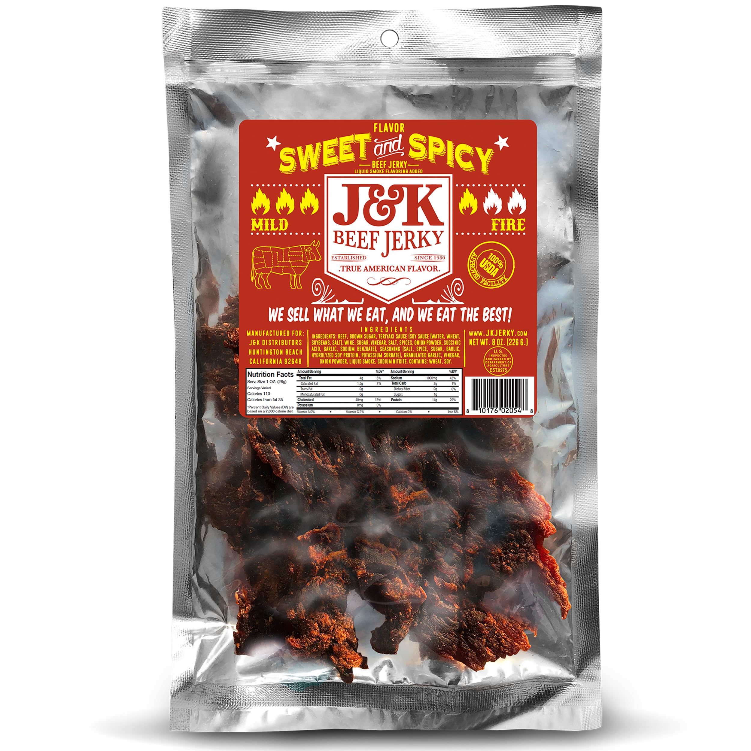 J&K Jerky Sweet and Spicy Beef Jerky - Hand Crafted Small Batch American Made Slab Beef Jerky - Bold & Flavorful Snack! - 7oz Big Bag of Jerky