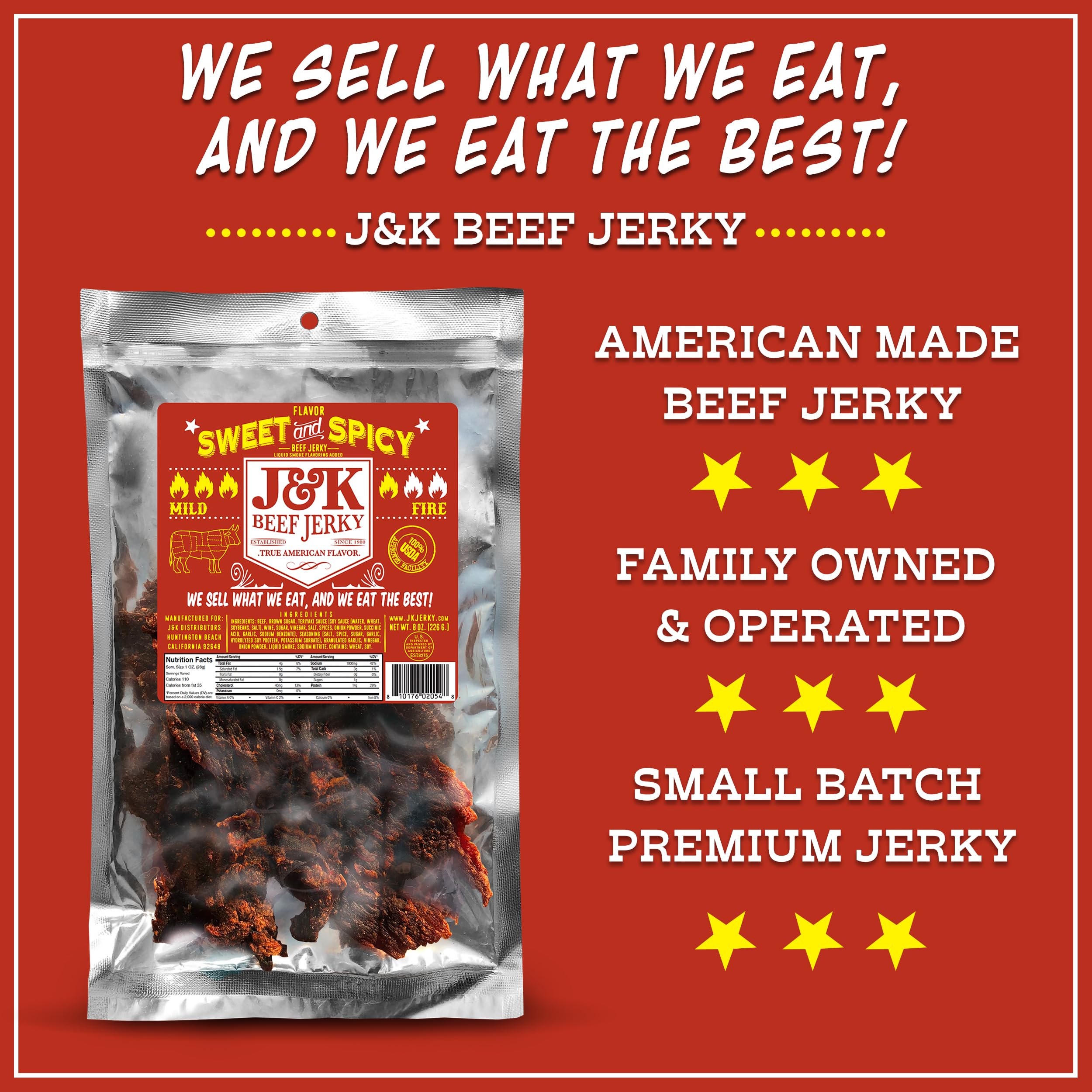 J&K Jerky Sweet and Spicy Beef Jerky - Hand Crafted Small Batch American Made Slab Beef Jerky - Bold & Flavorful Snack! - 7oz Big Bag of Jerky