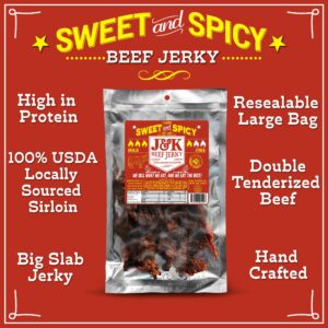 J&K Jerky Sweet and Spicy Beef Jerky - Hand Crafted Small Batch American Made Slab Beef Jerky - Bold & Flavorful Snack! - 7oz Big Bag of Jerky