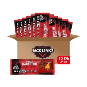 jack link's protein bars, sweet habanero, 12 count - 7g of protein and 80 calories per jerky bar, made with premium beef, no added msg - keto friendly and gluten free snacks