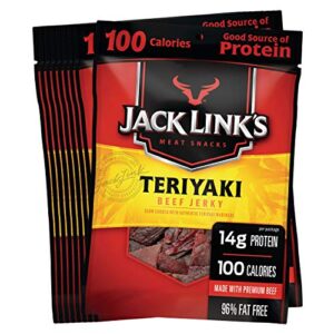 jack link's beef jerky, teriyaki, 1.25 oz. bags, 10 count - flavorful meat snack for lunches & more, 14g protein, 100 calories, made with 100% beef - 96% fat free, no added msg** or nitrates/nitrites