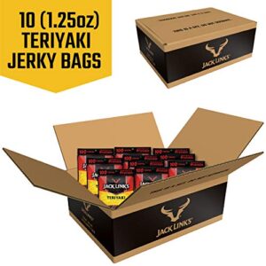 Jack Link's Beef Jerky, Teriyaki, 1.25 oz. Bags, 10 Count - Flavorful Meat Snack for Lunches & More, 14g Protein, 100 Calories, Made with 100% Beef - 96% Fat Free, No Added MSG** or Nitrates/Nitrites