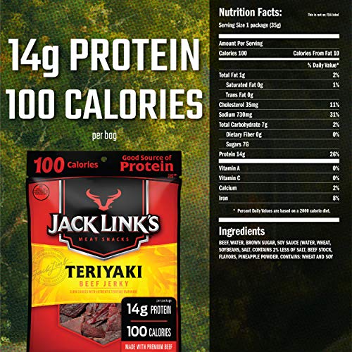 Jack Link's Beef Jerky, Teriyaki, 1.25 oz. Bags, 10 Count - Flavorful Meat Snack for Lunches & More, 14g Protein, 100 Calories, Made with 100% Beef - 96% Fat Free, No Added MSG** or Nitrates/Nitrites