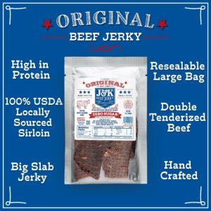 J&K Jerky Sugar-Free Original Beef Jerky - Real Premium Smoked Beef Jerky with Double Tenderness - Paleo & Keto Friendly - 7oz Big Bag of Jerky