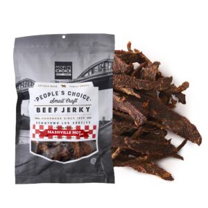 people's choice beef jerky - tasting kitchen - nashville hot - pounder of super spicy jerky - compare to world's spiciest heat of carolina reaper, scorpion, ghost pepper - 1 pound, 16 oz - 1 bag